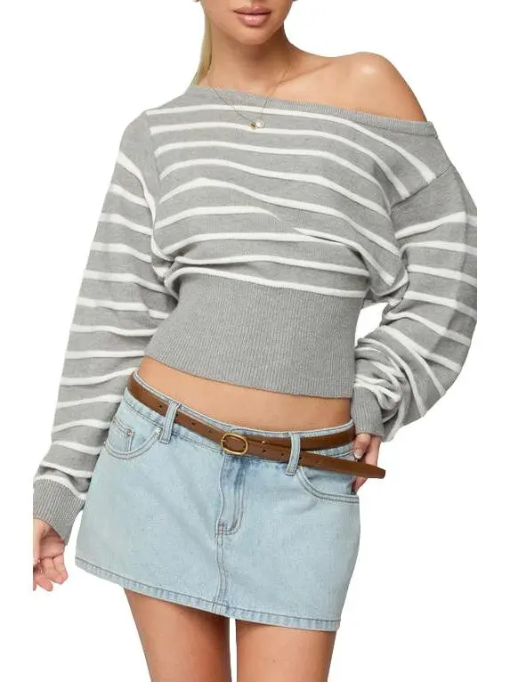 EDIKTED Striped Knit Off-the-shoulder Crop Top - Gray-melange