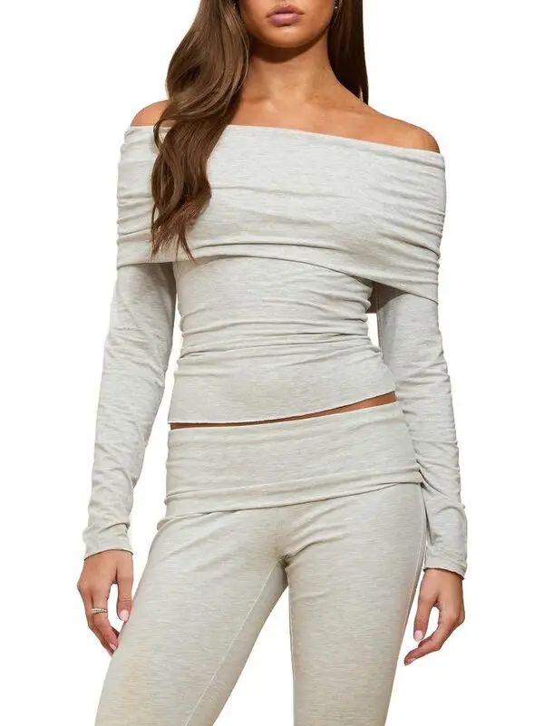 EDIKTED Habiba Foldover Off-the-shoulder Crop Top - Gray-melange