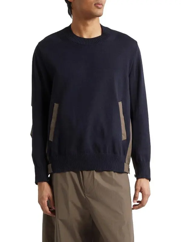 Sacai Cotton Typewriter Panel Sweater - Navy/taupe