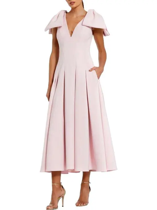 Mac Duggal Crepe A-line Midi Dress With Bow Straps - Blush