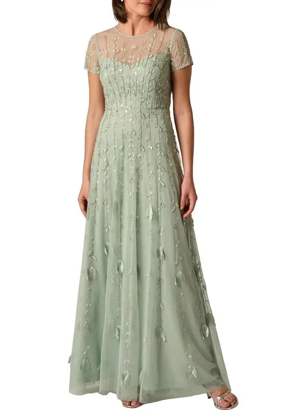 Adrianna Papell 3d Floral Beaded A-line Gown - Icy Sage