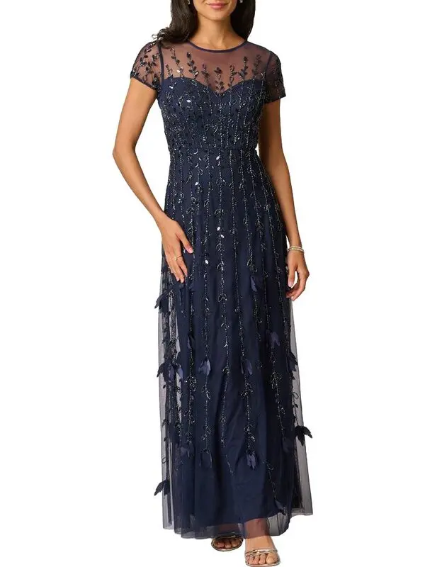 Adrianna Papell 3d Floral Beaded A-line Gown - Navy