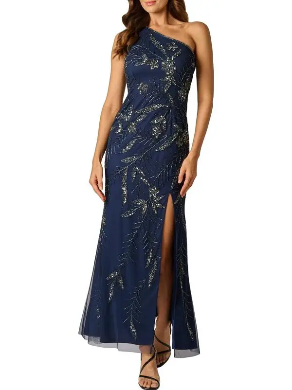 Adrianna Papell 3d Beaded And Sequin Gown - Light Navy
