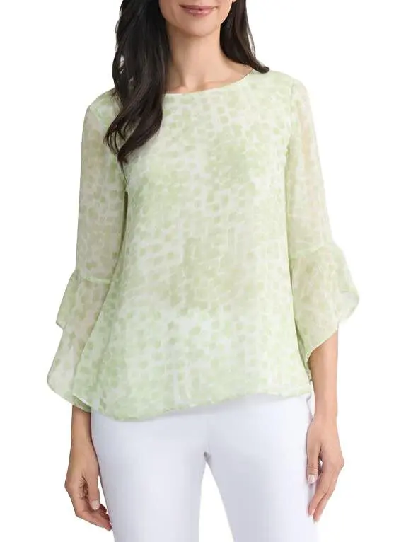 KASPER Printed Ruffle Sleeve Top - Celery Multi