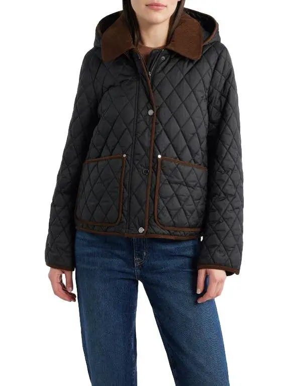 London Fog Water-resistant Quilted Coat With Corduroy Trim - Black