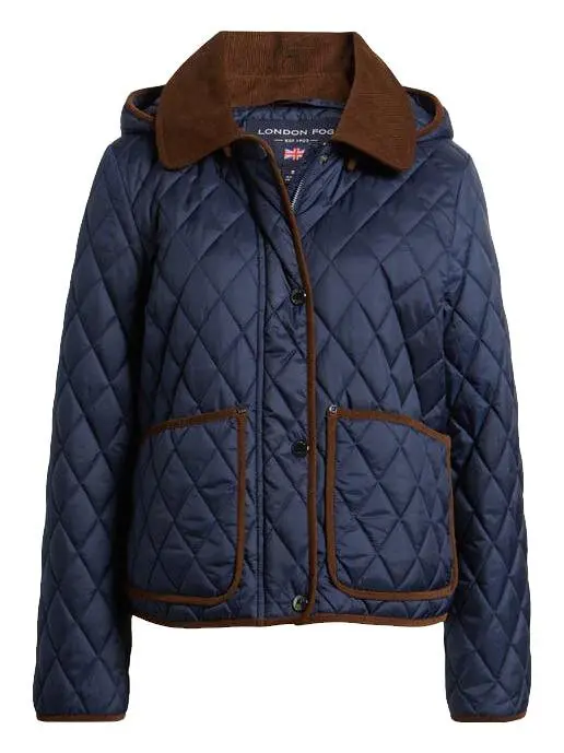London Fog Water-resistant Quilted Coat With Corduroy Trim - Dark Navy
