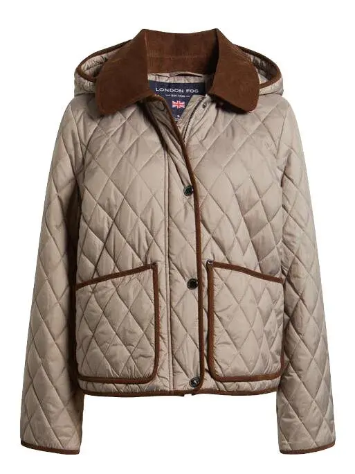 London Fog Water-resistant Quilted Coat With Corduroy Trim - Khaki