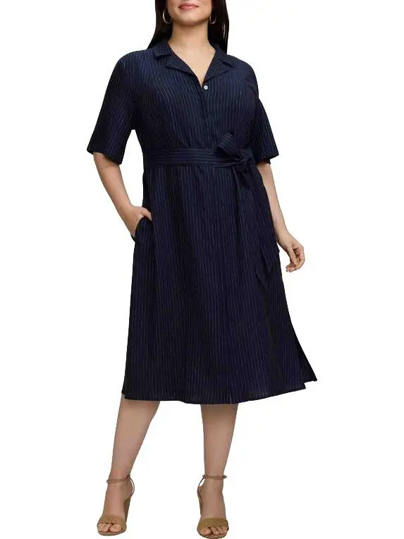 Foxcroft Aniston Stripe Linen Blend Shirtdress - Navy Blue/white