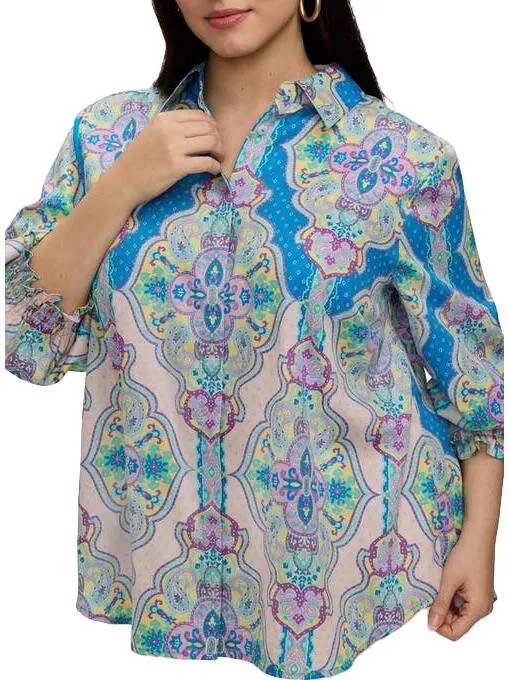 Foxcroft Olivia Paisley Smocked Cuff Cotton Button-up Shirt - Purple/multi