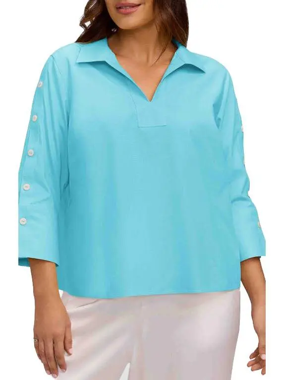Foxcroft Lainey Button Accent Cotton Popover Top - Capri Blue