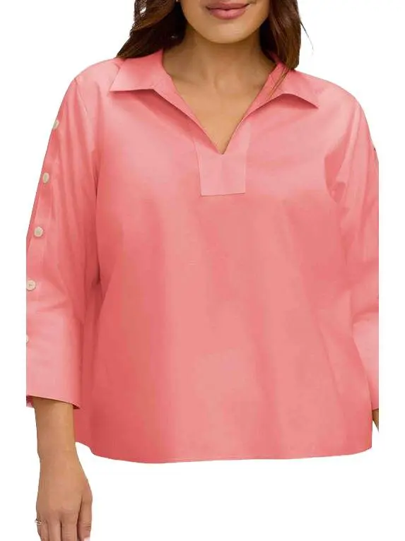 Foxcroft Lainey Button Accent Cotton Popover Top - Coral Reef Red