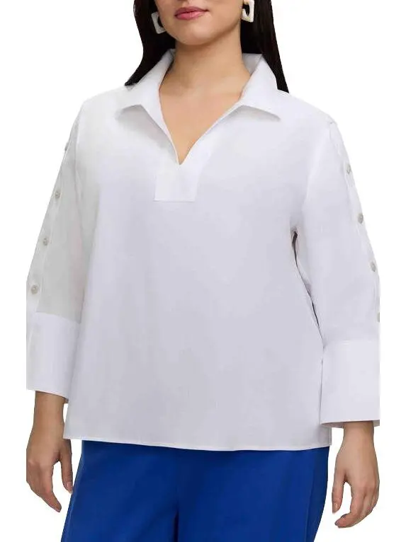 Foxcroft Lainey Button Accent Cotton Popover Top - White