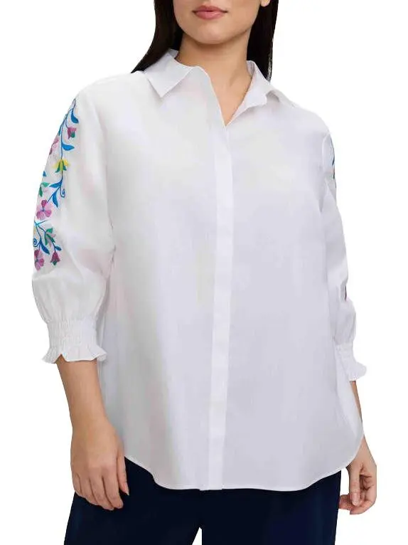 Foxcroft Embroidered Sleeve Cotton Blend Button-up Shirt - White