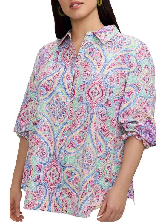 Foxcroft Olivia Paisley Smocked Cuff Linen Blend Button-up Shirt - Green/multi