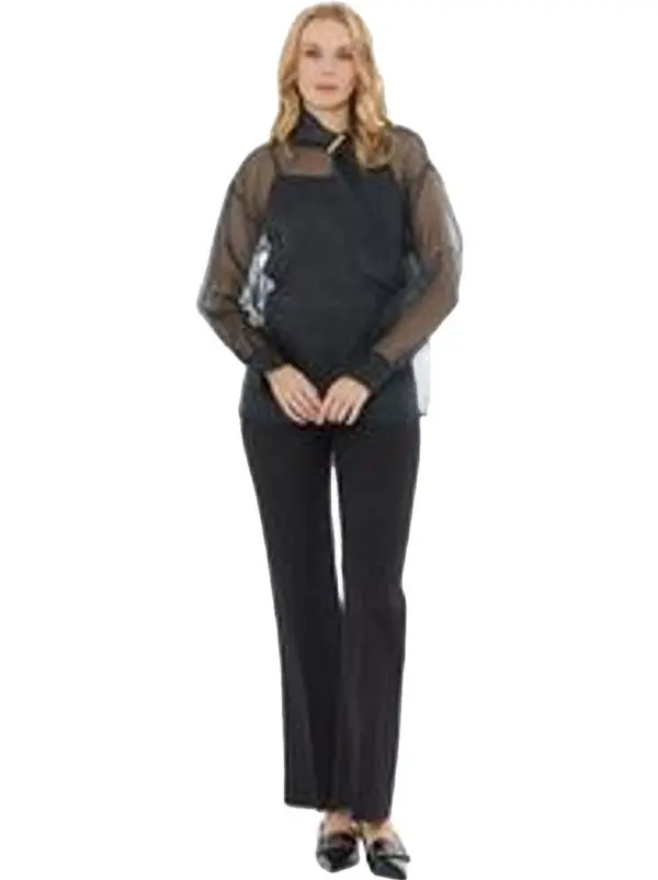 GIZIA High Neck Silk Blouse With Back Button - Black