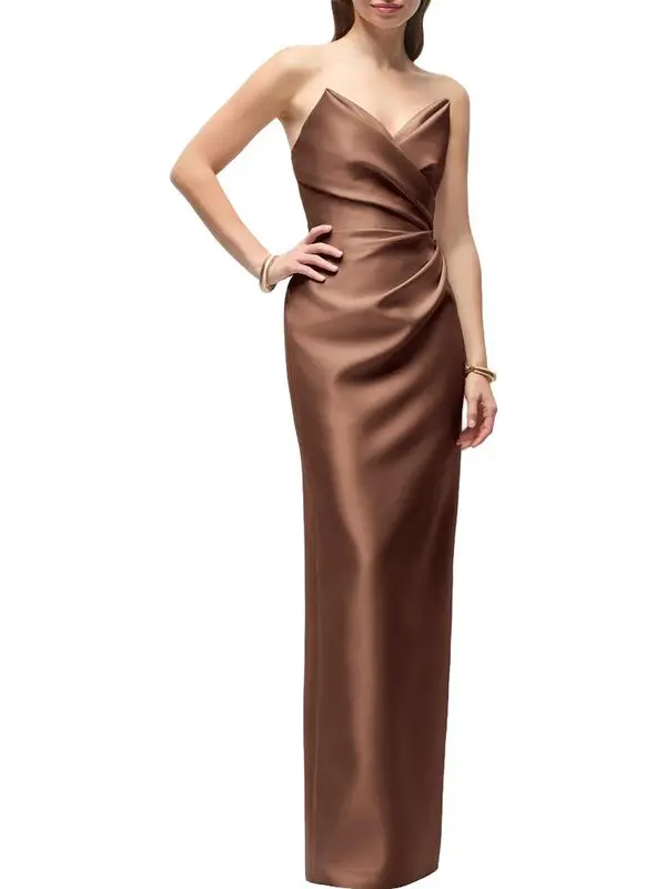 Alfred Sung Strapless Satin Column Gown - Cognac