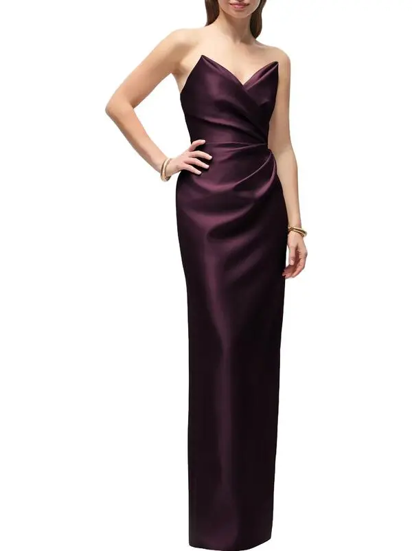 Alfred Sung Strapless Satin Column Gown - Deep Plum