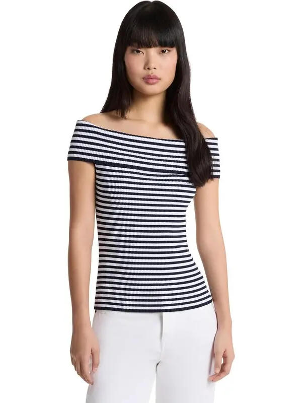 Michael Kors Striped Stretch Knit Off-the-shoulder Top - Blue