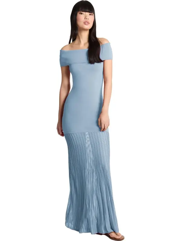 Michael Kors Pleated Stretch Knit Off-the-shoulder Maxi Dress - Blue