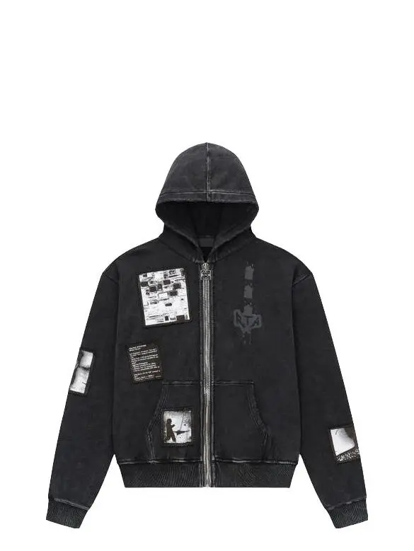 RtA Zev Distressed Digital Patch Zip Hoodie - Vintage Black Digital Patch