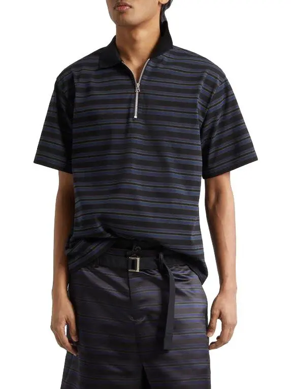 Sacai Horizontal Stripe Quarter Zip Polo - Black/navy