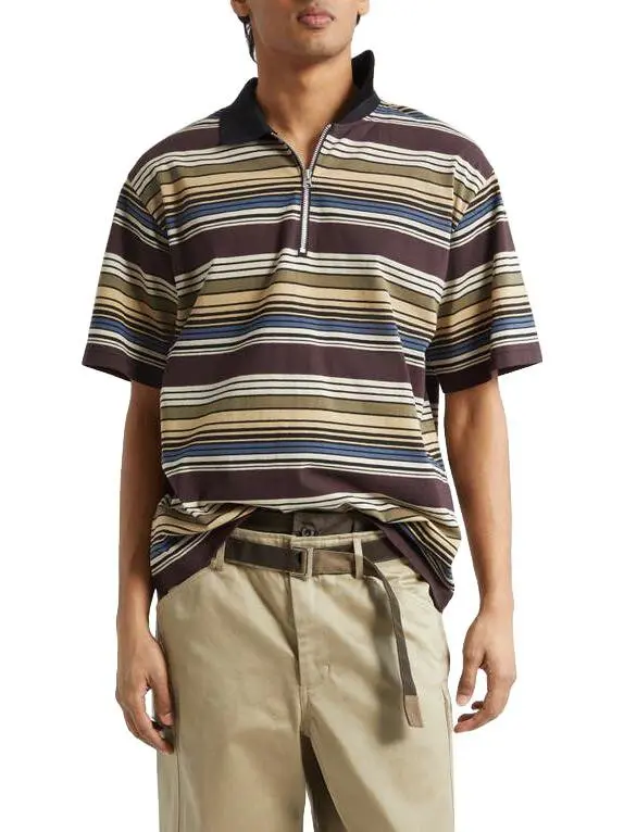 Sacai Horizontal Stripe Quarter Zip Polo - Brown/beige