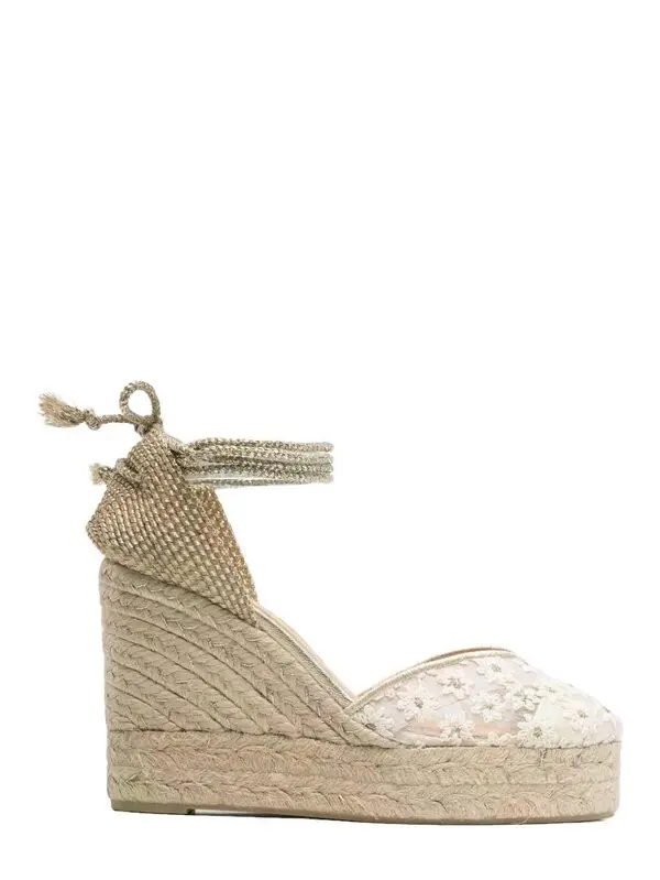 CastaÑer Floral Lace Wedge Sandals - White
