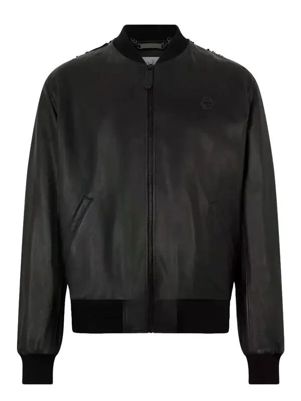 Philipp Plein Leather Bomber Jacket - Black