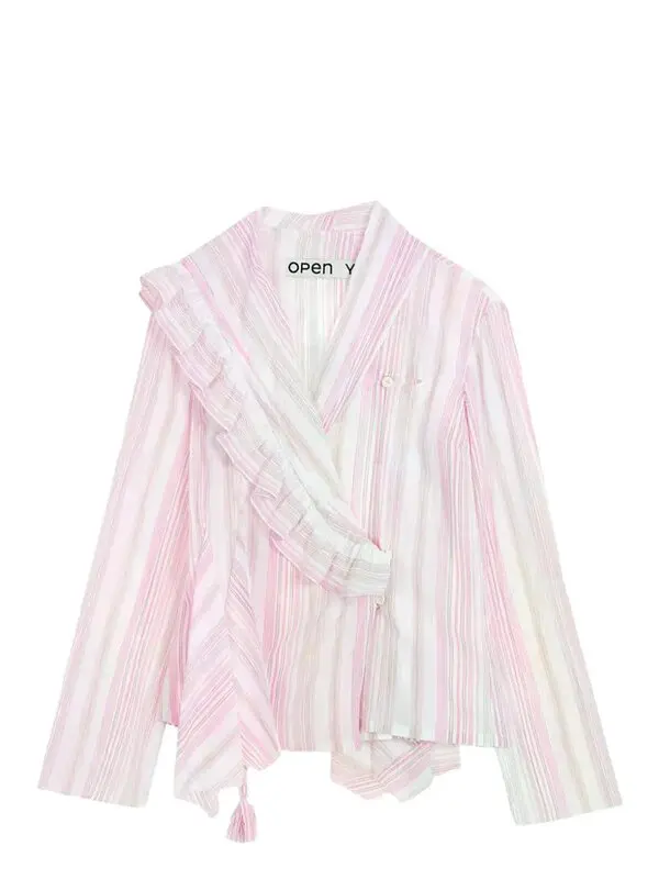 OPEN YY Striped Ruffle Blouse - White
