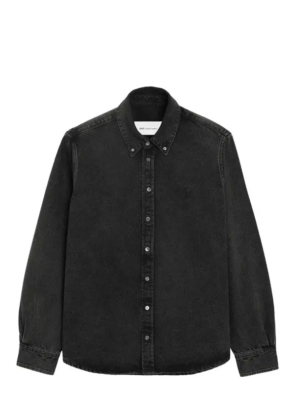 AMI Paris De Coeur Embroidered Denim Shirt - Grey