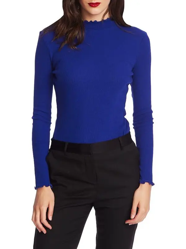 COURT & ROWE Lettuce Edge Mock Neck Top - Rich Cobalt