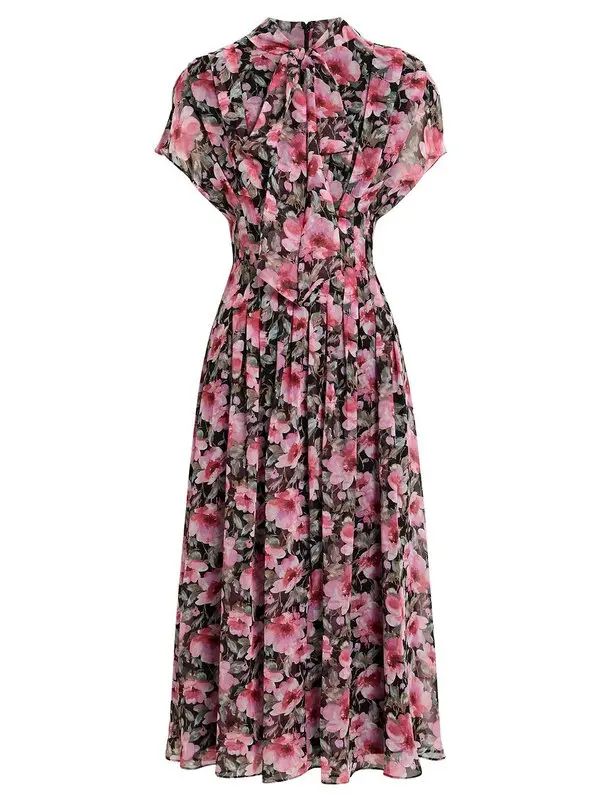 MIKAEL AGHAL Floral-print Crepe De Chine Midi Dress With Pussy-bow - Fuchsia