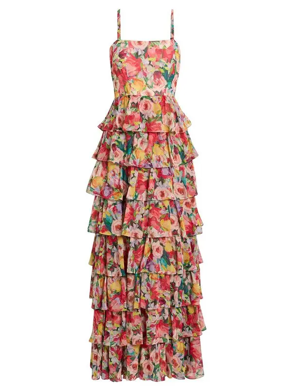 MIKAEL AGHAL Tiered Floral-print Crepe De Chine Maxi Gown - Pink