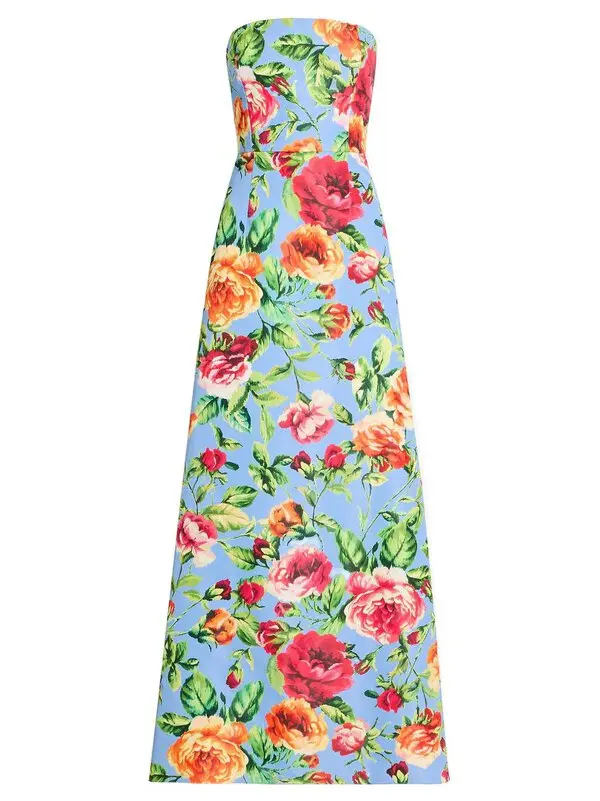 Carolina Herrera Strapless Floral-print Faille Gown - Light Blue