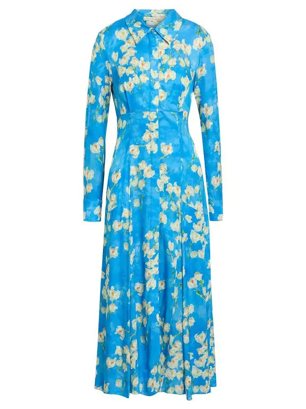 EMILIA WICKSTEAD Pispo Pleated Floral-print Satin-twill Midi Shirt Dress - Azure