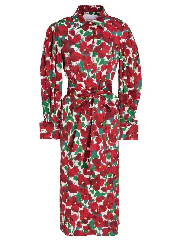 Carolina Herrera Belted Floral-print Cotton-blend Poplin Midi Shirt Dress - Red