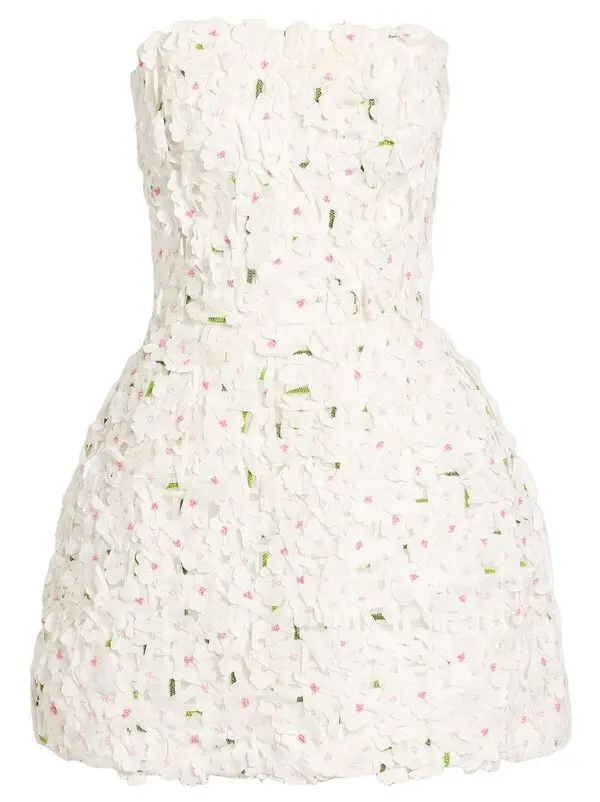 Monique Lhuillier Strapless Floral-appliquéd Tulle Mini Dress - White