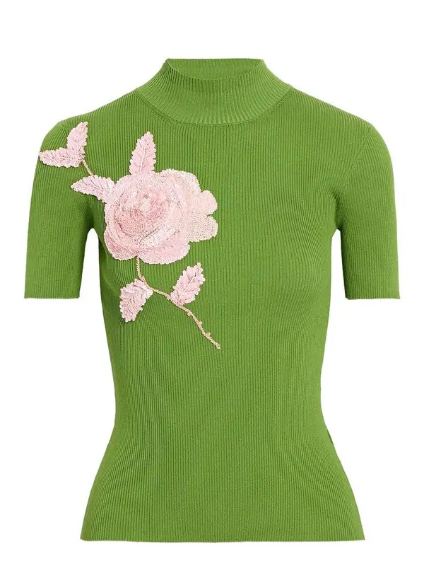 Oscar De La Renta Embellished Ribbed Silk Turtleneck Top - Green
