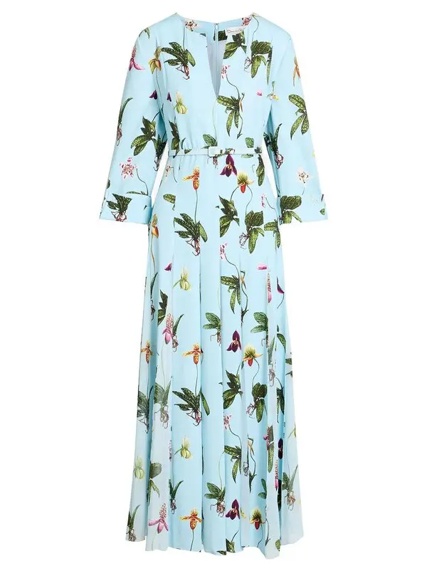Oscar De La Renta Belted Floral-print Crepe And Voile Midi Dress - Light Blue