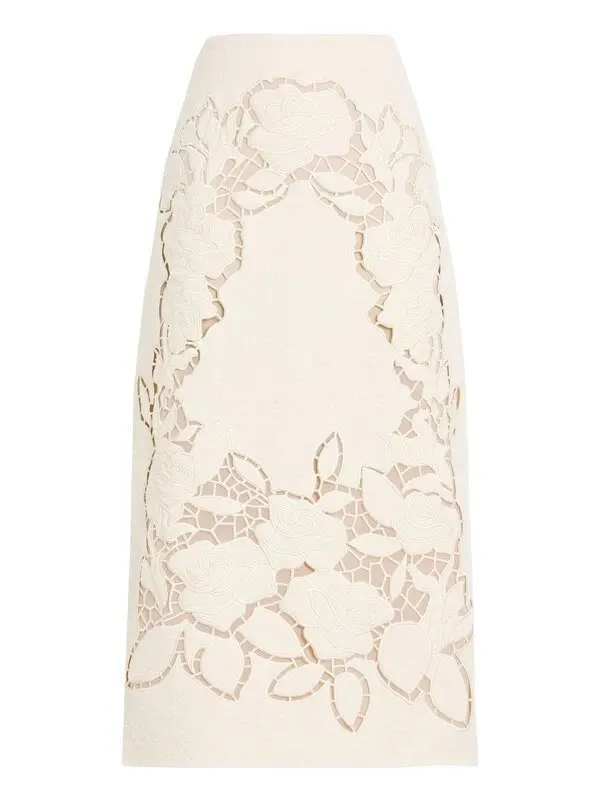 Oscar De La Renta Lattice-trimmed Cotton-blend Bouclé Midi Skirt - Ivory