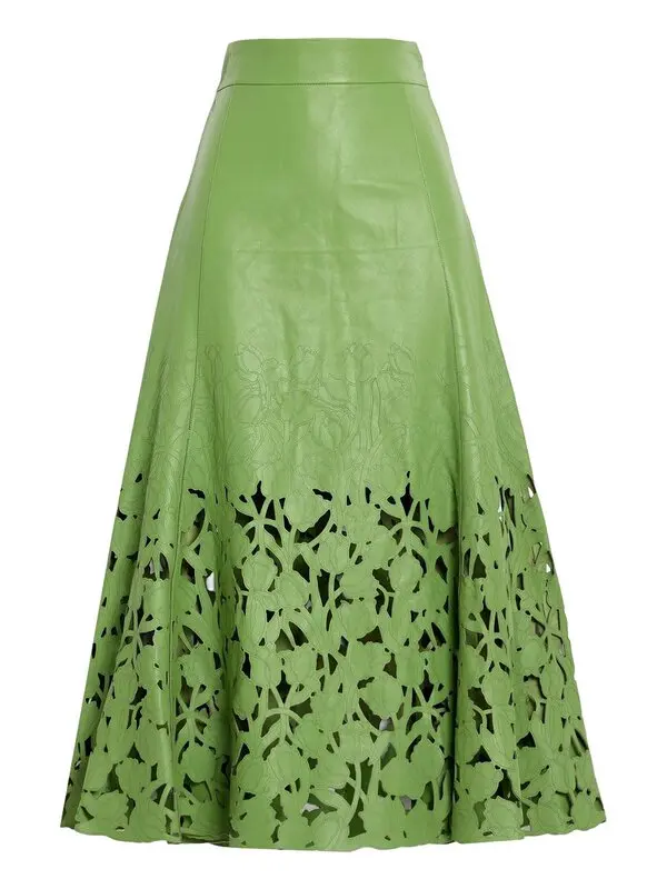 Oscar De La Renta Laser-cut Leather Midi Skirt - Jade