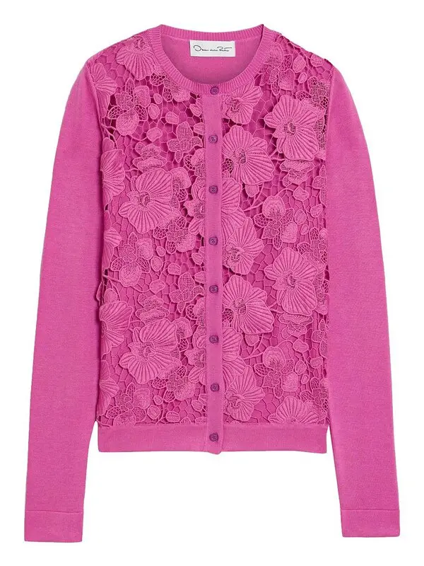 Oscar De La Renta Guipure Lace-paneled Silk-blend Cardigan - Pink