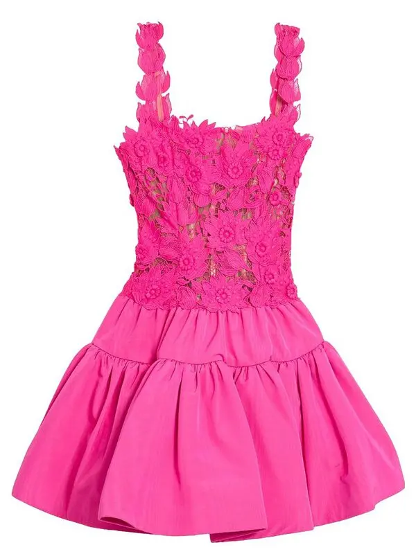 Oscar De La Renta Guipure Lace-paneled Faille Mini Dress - Bright Pink