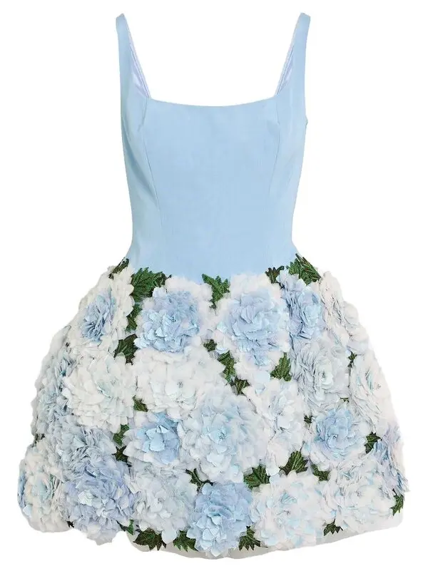 Oscar De La Renta Floral-appliquéd Tulle And Cotton-blend Faille Mini Dress - Light Blue
