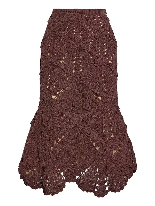 Oscar De La Renta Scalloped Crocheted Cotton Midi Skirt - Chocolate
