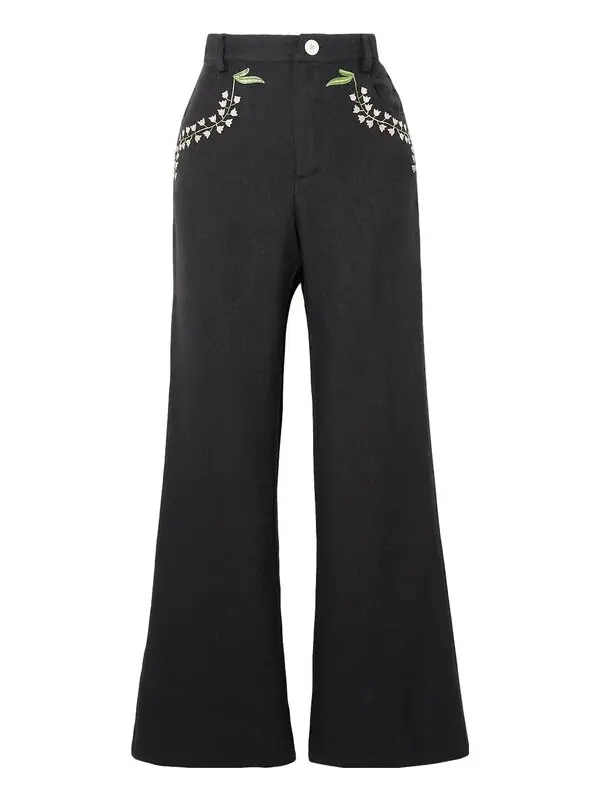 Alix Of Bohemia Bunny Embroidered Wool-twill Flared Pants - Black