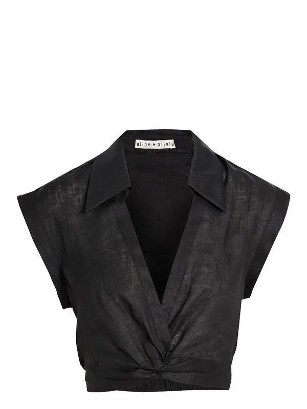 Alice + Olivia Cropped Wrap-effect Linen Top - Black