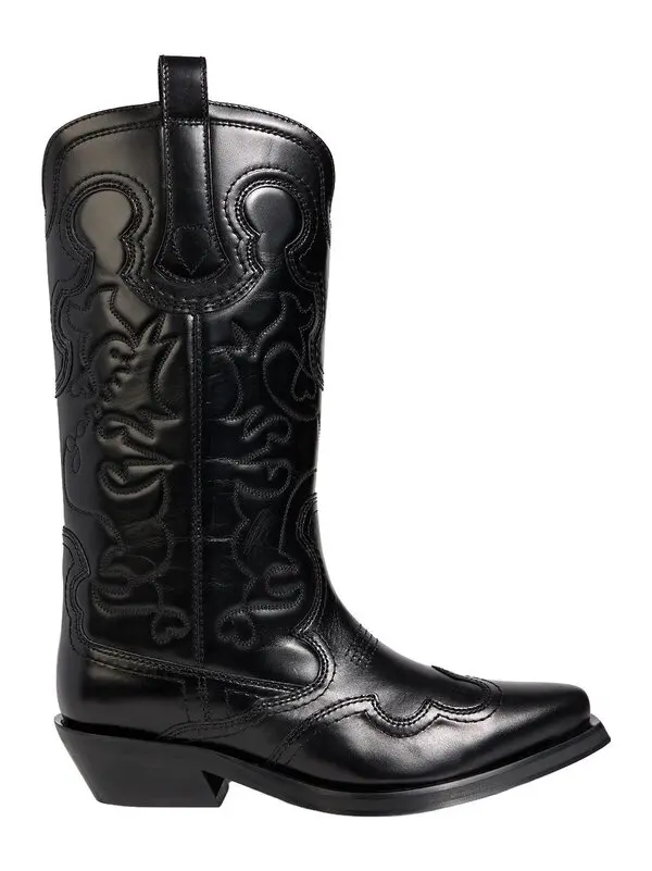 GANNI Embroidered Leather Cowboy Boots - Black