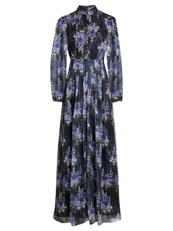 MIKAEL AGHAL Pleated Floral-print Chiffon Maxi Dress - Navy