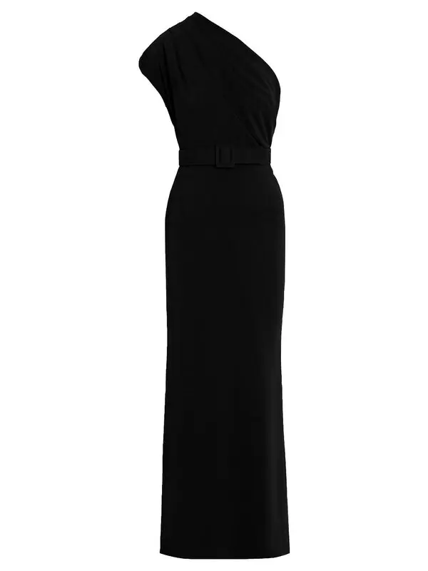 Badgley Mischka One-shoulder Belted Crepe Gown - Black